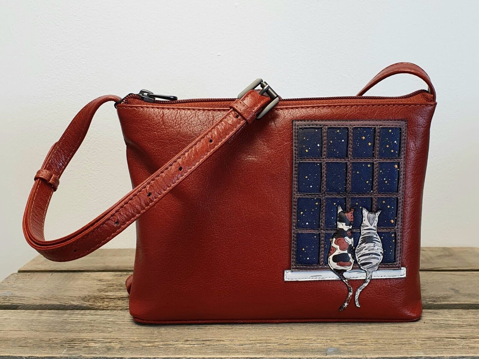 YOSHI 'Midnight Cats' Brown Leather Cross Body Bag - The Katz Pyjamas