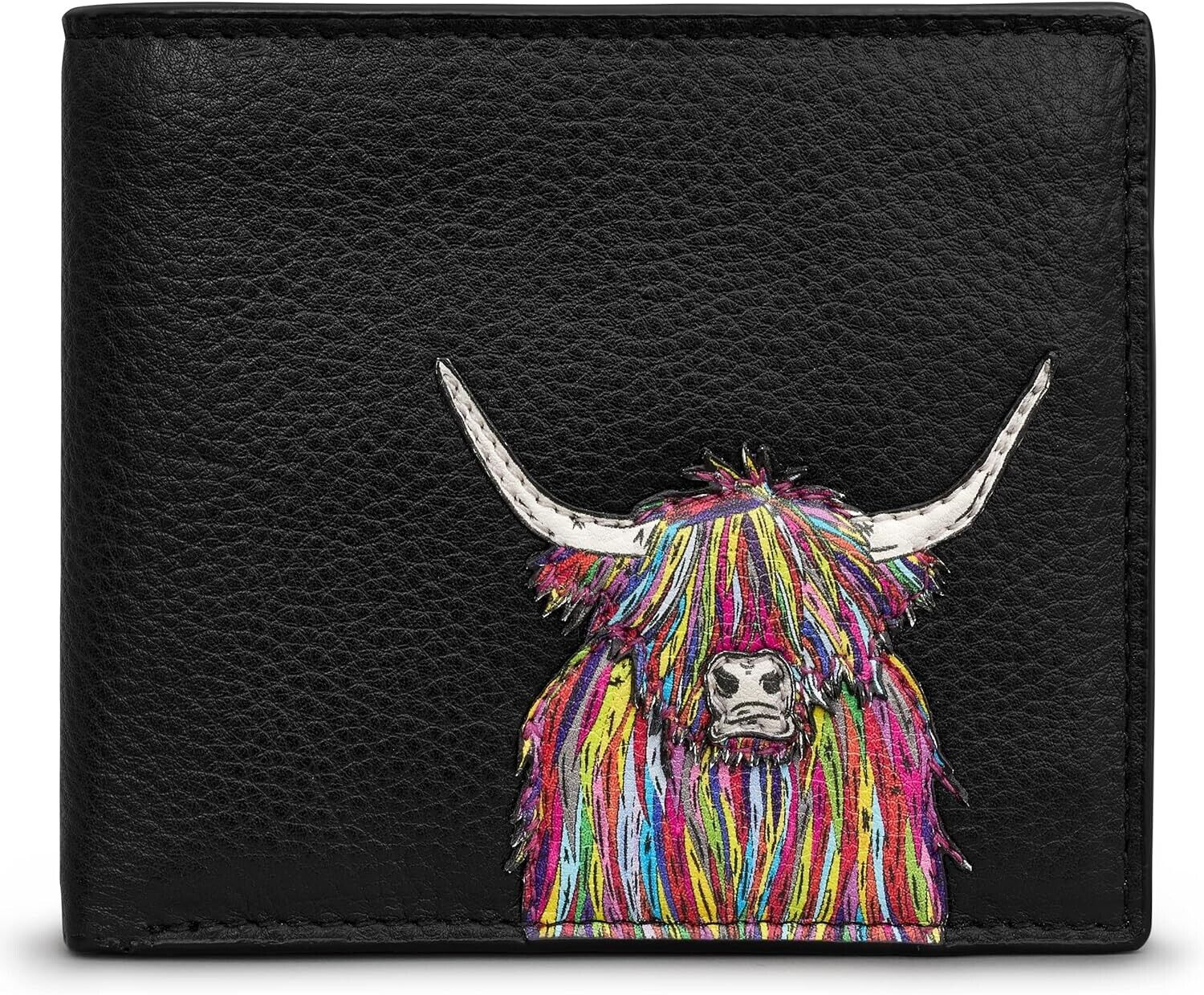YOSHI Multi Coloured Highland Cow Black Leather Bifold Wallet RFID ...
